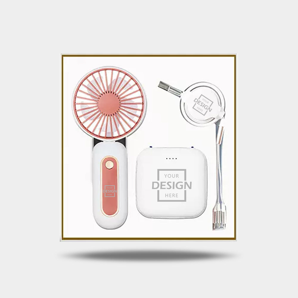 Customized Neck Hanging Fan + Power Bank + Retractable Charging Cable